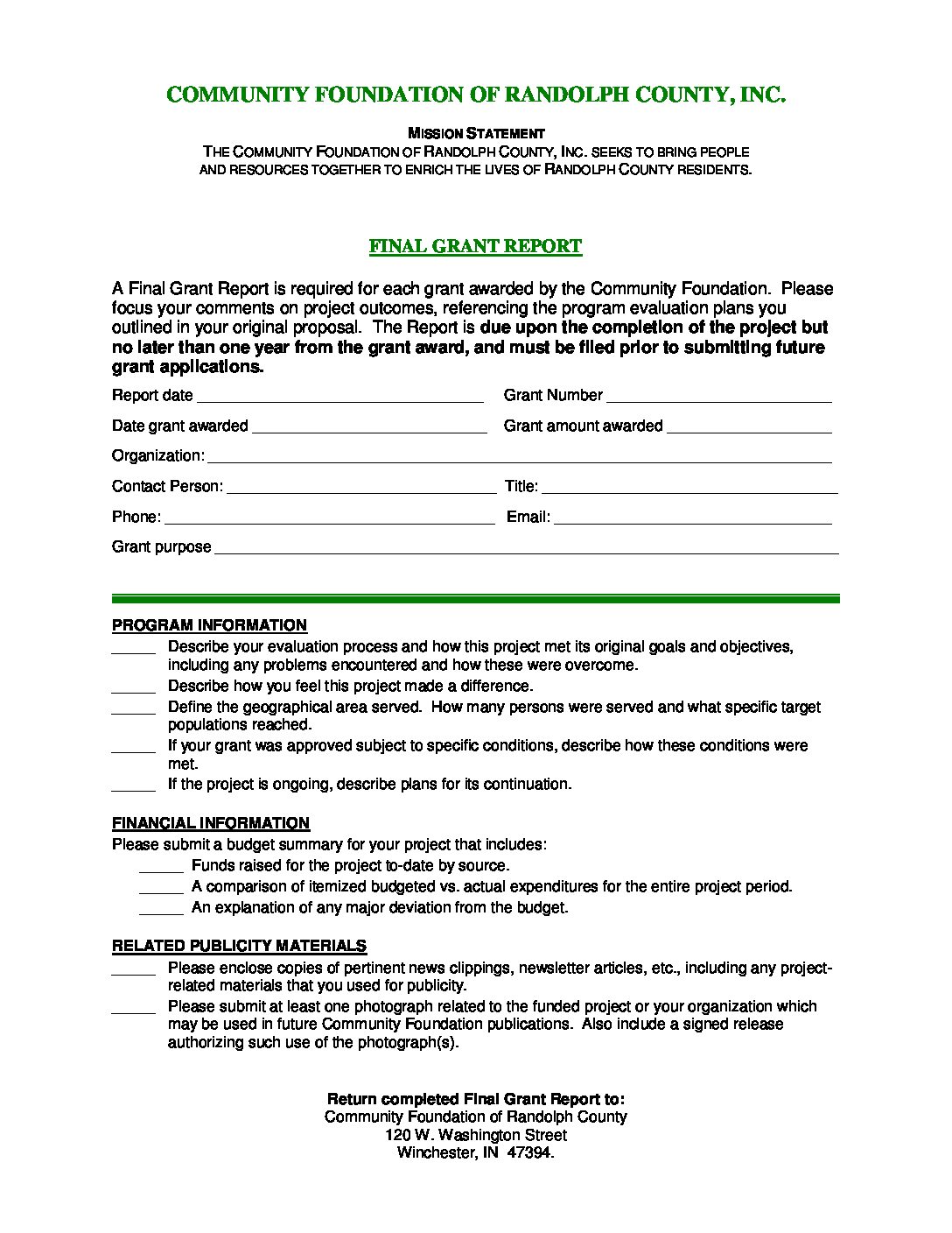 Final Grant Report 1 10 19 Community Foundation Of Randolph County